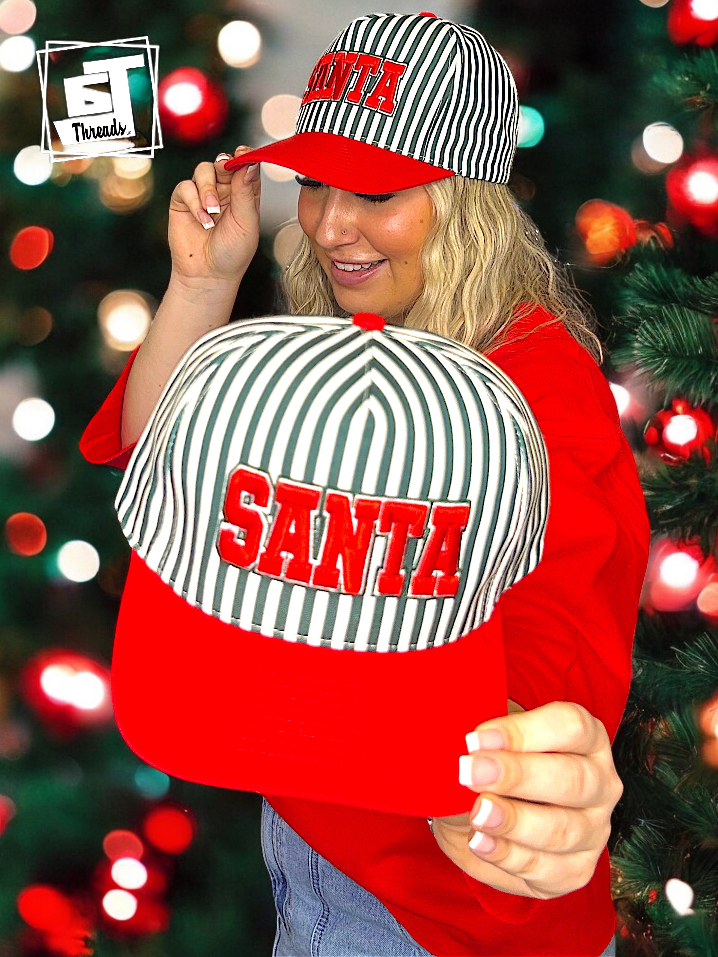Green Striped Santa cap – 6J Threads LLC